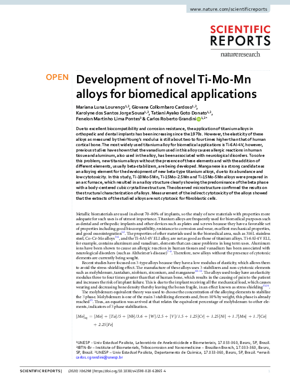 (PDF) Development of novel Ti-Mo-Mn alloys for biomedical applications
