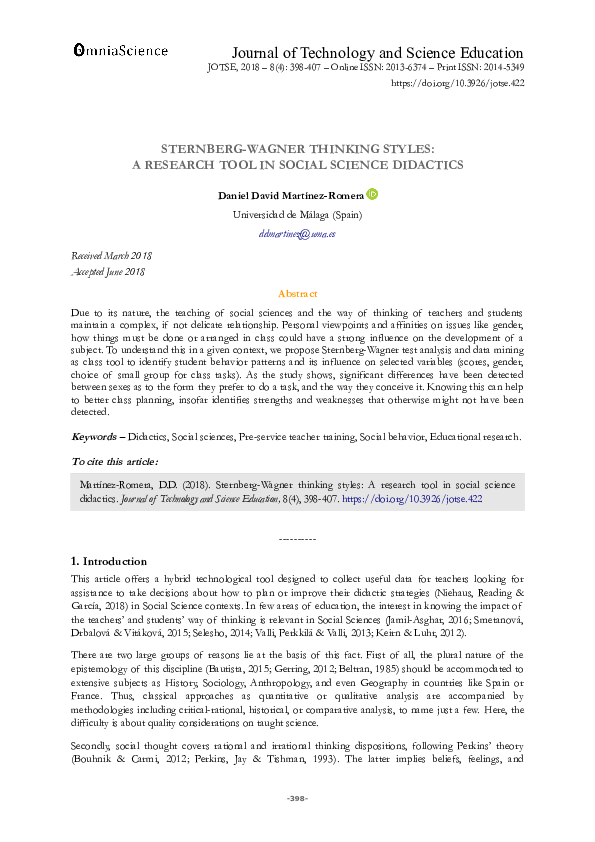 (PDF) Sternberg-Wagner thinking styles: a research tool in social ...