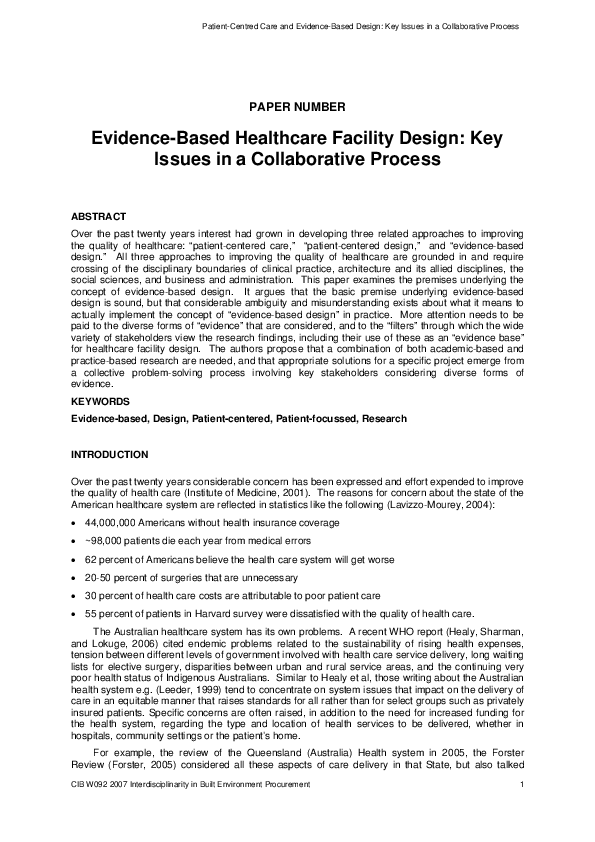 (PDF) Evidence-Based Healthcare Facility Design: Key Issues in a Collaborative Process