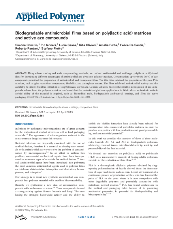 (PDF) Biodegradable antimicrobial films based on poly(lactic acid) matrices and active azo compounds