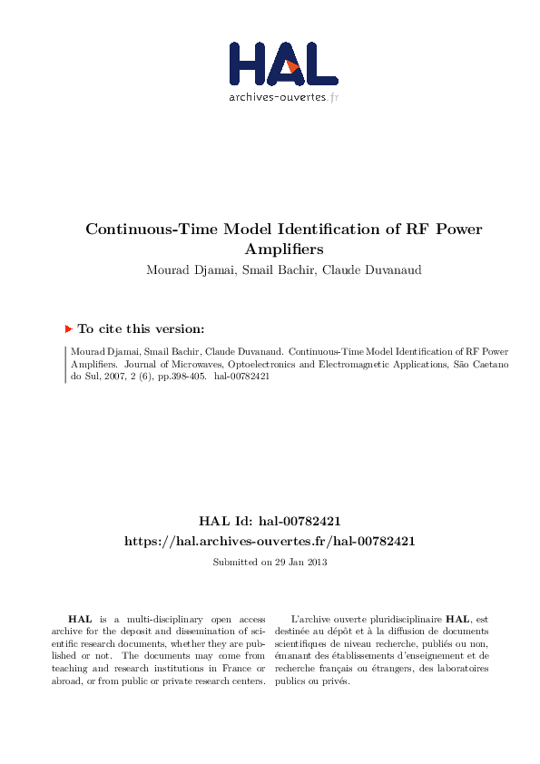 (PDF) Continuous-Time Model Identification of RF Power Amplifiers (PDF) Continuous-Time Model Identification of RF Power Amplifiers