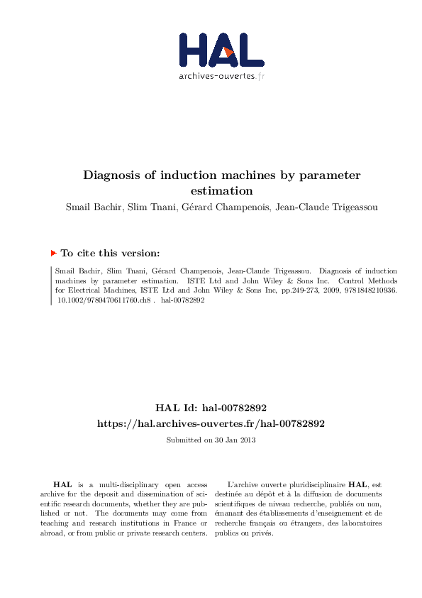 Pdf Diagnosis Of Induction Machines By Parameter Estimation Smail Bachir