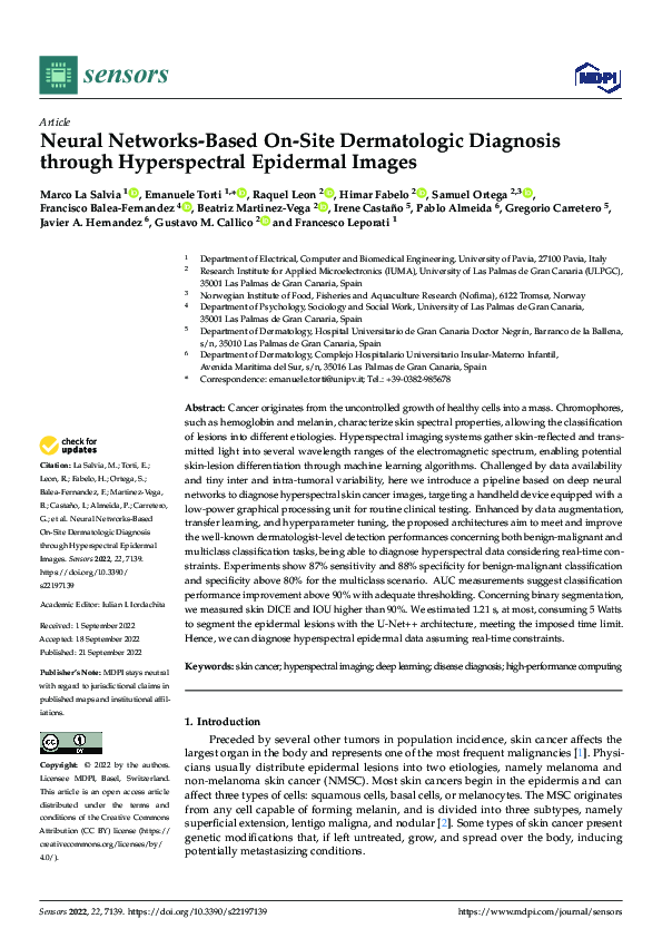(PDF) Neural Networks-Based On-Site Dermatologic Diagnosis through Hyperspectral Epidermal Images
