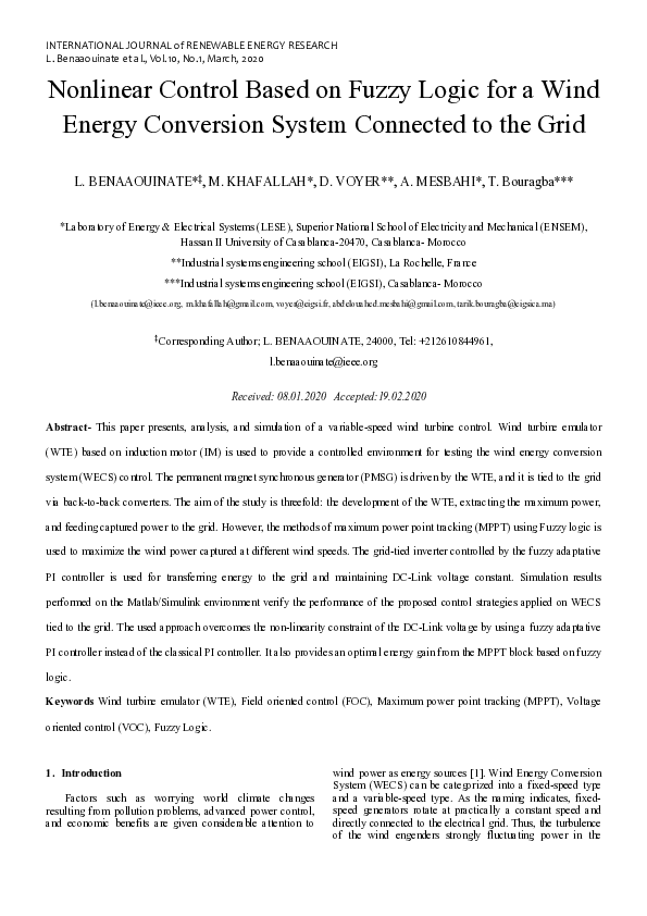 Pdf Nonlinear Control Based On Fuzzy Logic For A Wind Energy Conversion System Connected To