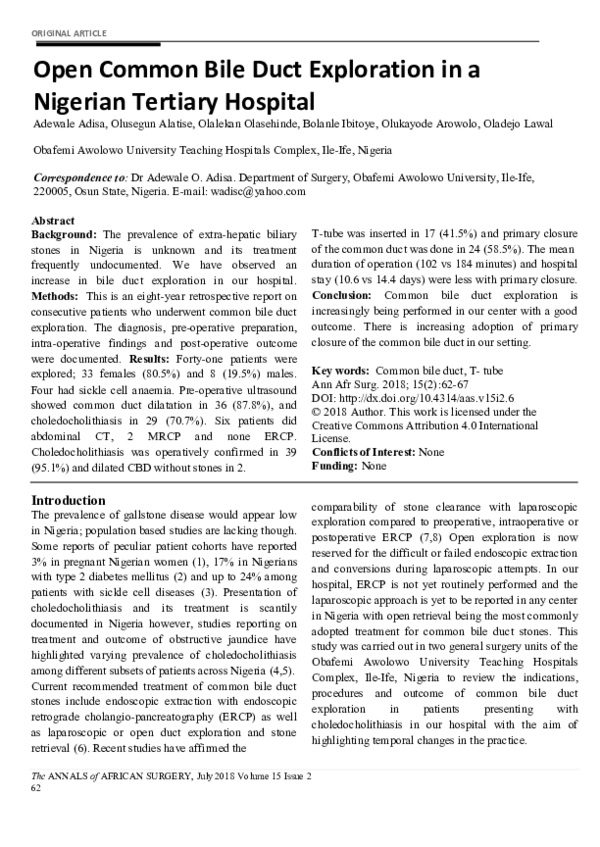 (PDF) Open common bile duct exploration in a Nigerian tertiary hospital