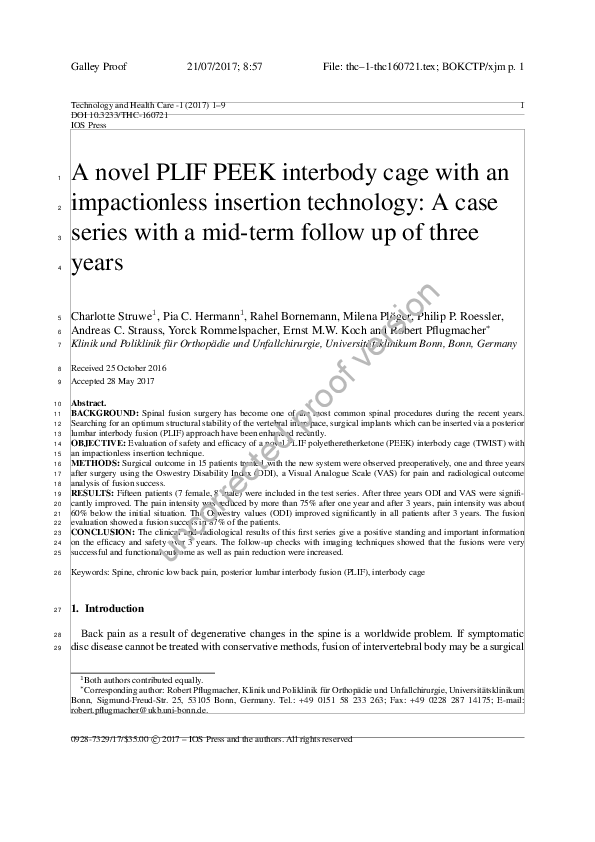 (PDF) A novel PLIF PEEK interbody cage with an impactionless insertion ...