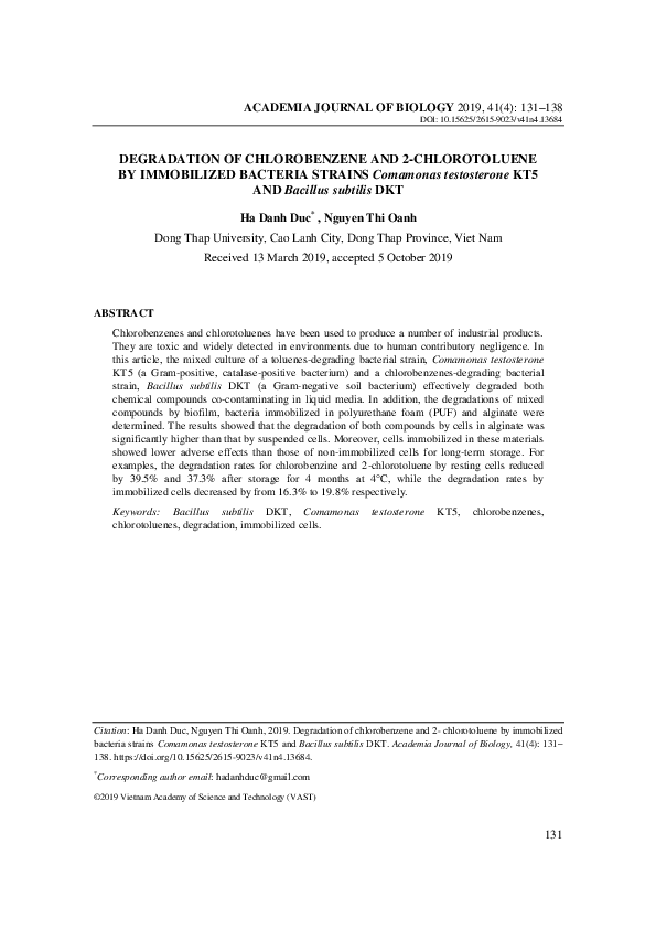 (PDF) Degradation of chlorobenzene and 2-chlorotoluene by immobilized ...