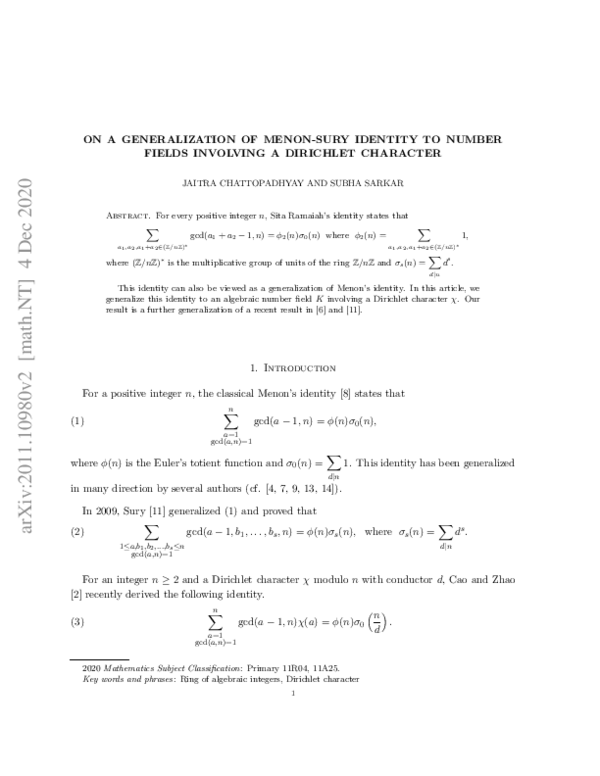 (PDF) On a generalization of Menon–Sury identity to number fields involving a Dirichlet character