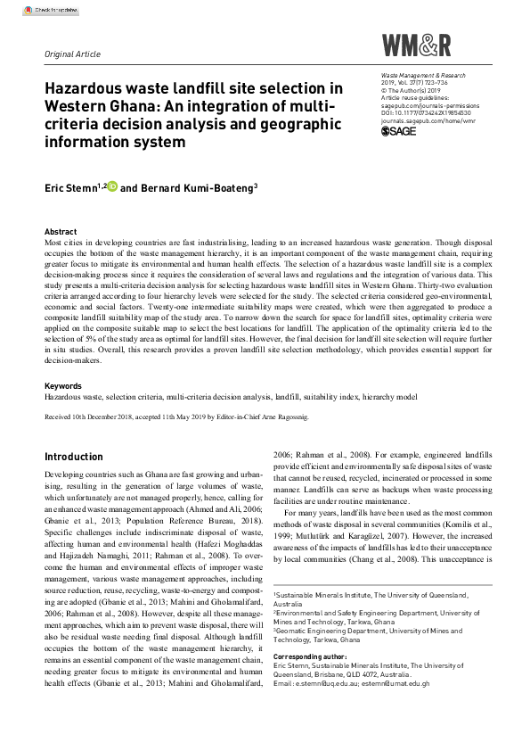 (PDF) Hazardous waste landfill site selection in Western Ghana: An integration of multi-criteria ...