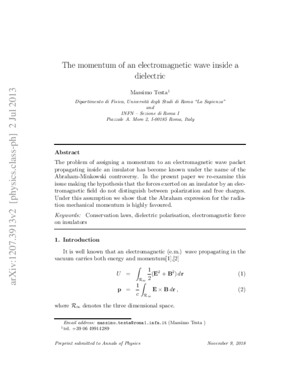 (PDF) The momentum of an electromagnetic wave inside a dielectric