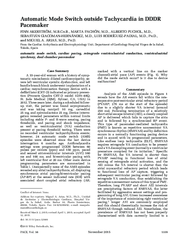 (PDF) Automatic Mode Switch Outside Tachycardia in Dddr Pacemaker