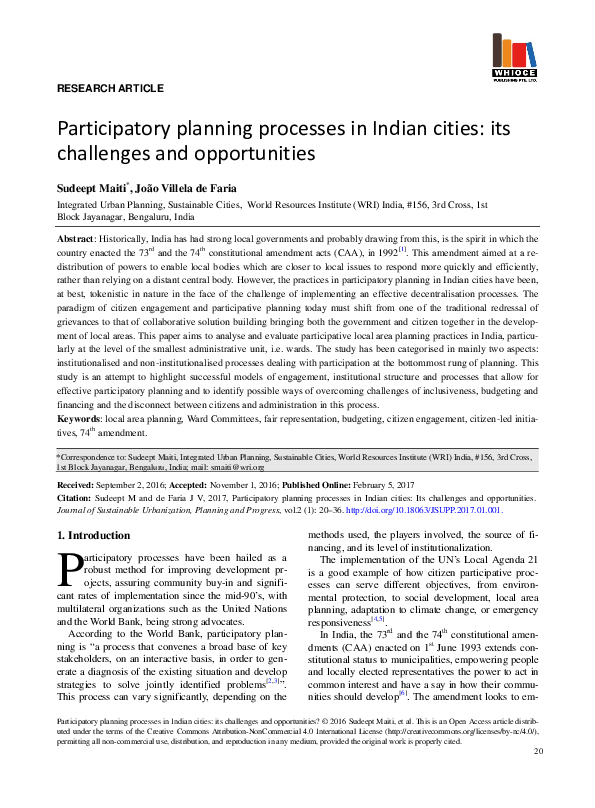 (PDF) Participatory planning processes in Indian cities: its challenges and opportunities