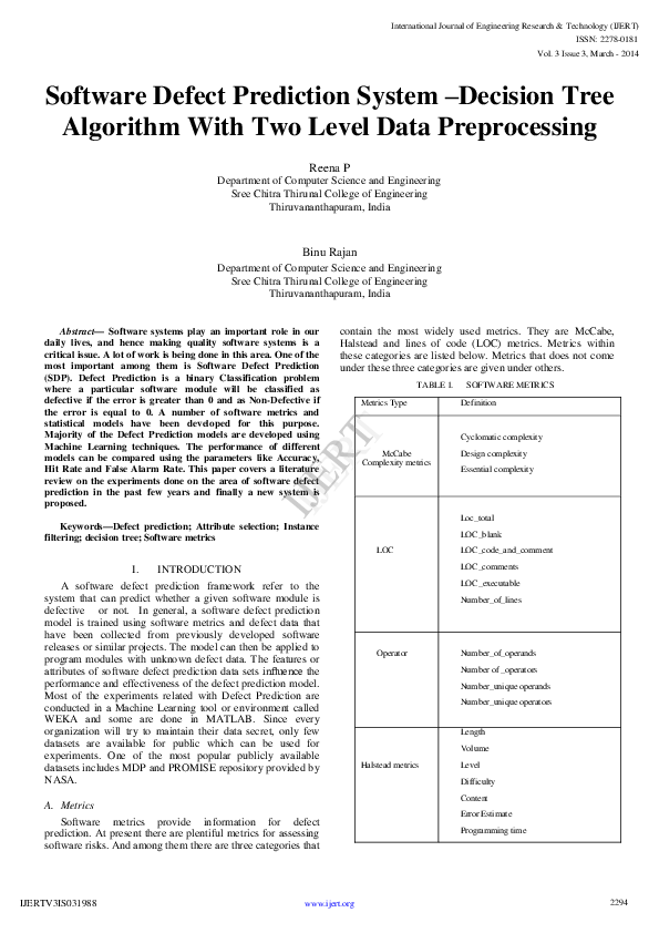 Pdf Software Defect Prediction System Decision Tree Algorithm With