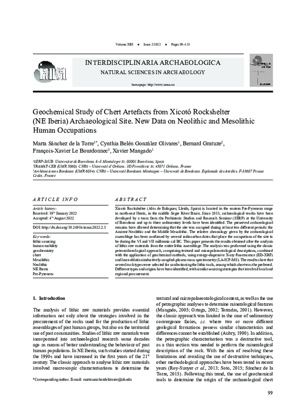 (PDF) Geochemical Study of Chert Artefacts from Xicotó Rockshelter (NE Iberia) Archaeological ...