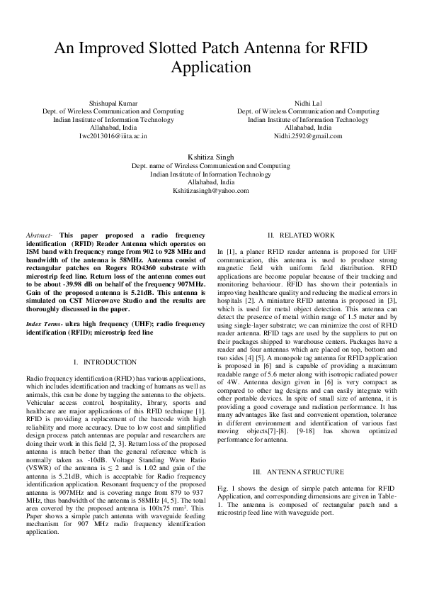 (PDF) An Improved Slotted Patch Antenna for RFID Application