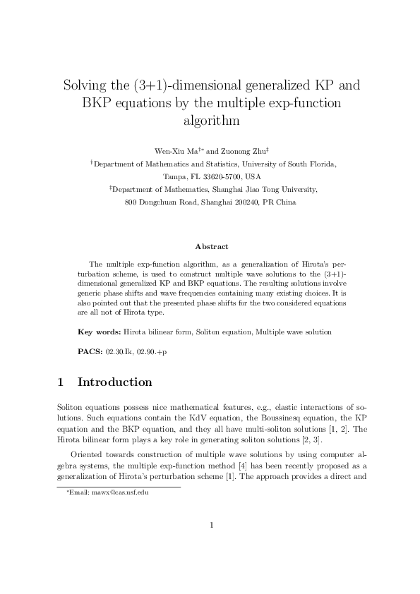 (PDF) Solving the (3 + 1)-dimensional generalized KP and BKP equations by the multiple exp ...