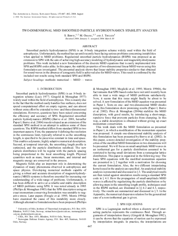 (PDF) Two‐dimensional MHD Smoothed Particle Hydrodynamics Stability Analysis