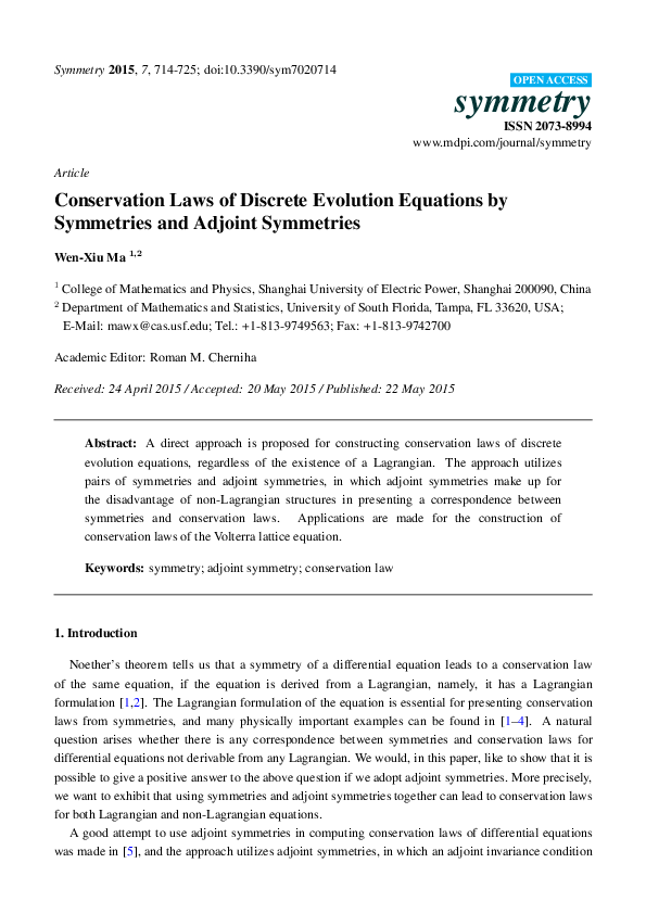 Pdf Conservation Laws Of Discrete Evolution Equations By Symmetries And Adjoint Symmetries