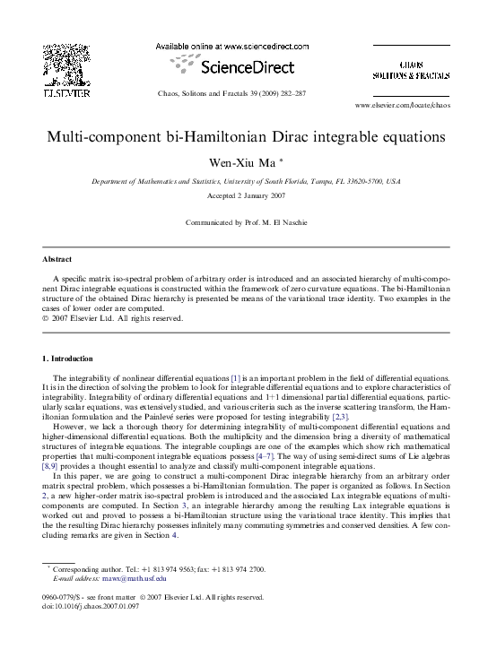 (PDF) Multi-component bi-Hamiltonian Dirac integrable equations | Wen-Xiu Ma - Academia.edu