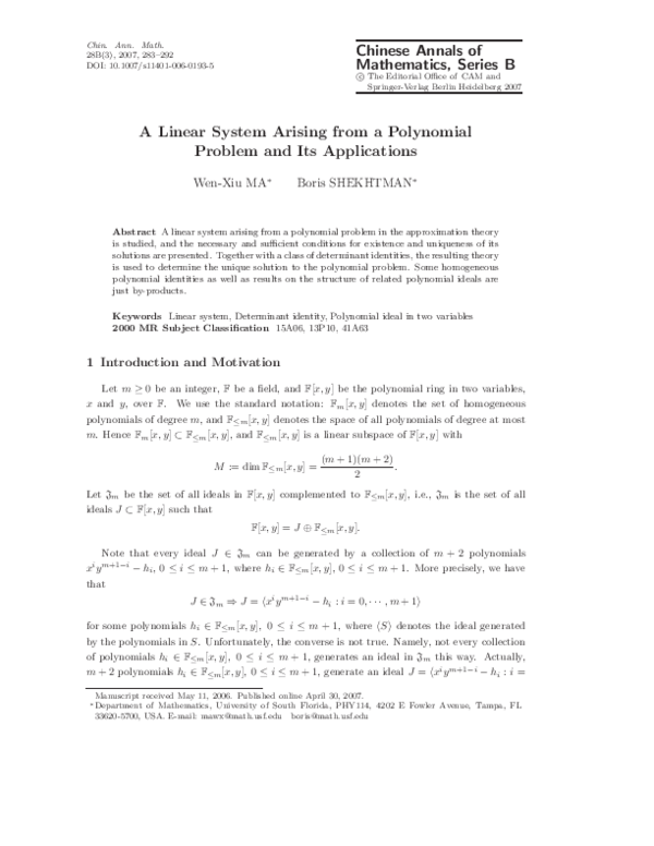 (PDF) A Linear System Arising from a Polynomial Problem and Its Applications