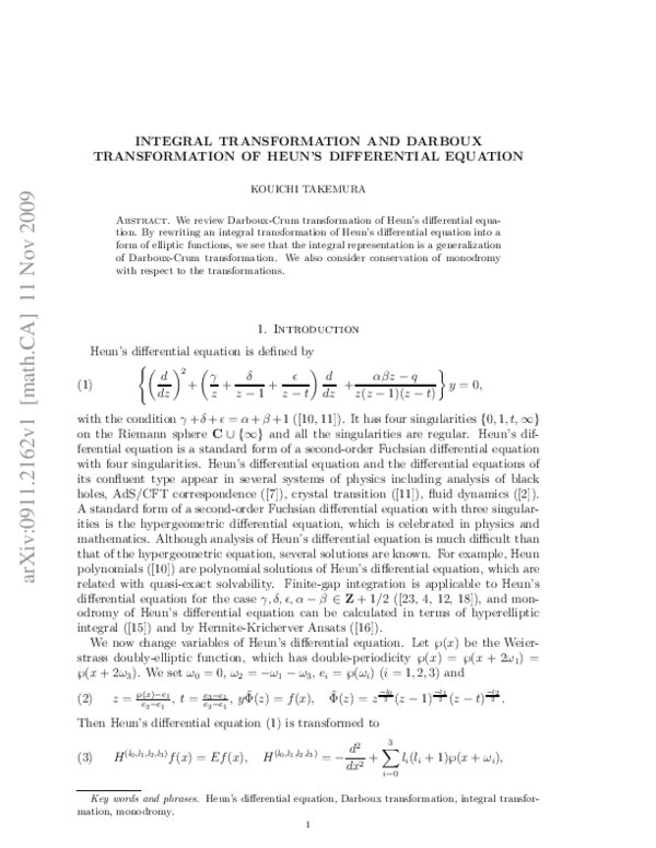 (PDF) Integral transformation and Darboux transformation of Heun’s differential equation
