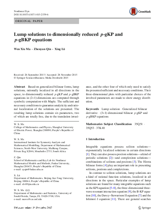 (PDF) Lump solutions to dimensionally reduced $$\varvec{p}$$ p -gKP and $$\varvec{p}$$ p -gBKP ...