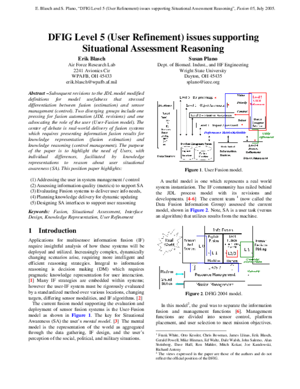 (PDF) DFIG Level 5 (User Refinement) issues supporting Situational Assessment Reasoning