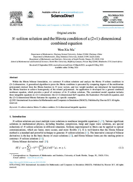 (PDF) N-soliton solution and the Hirota condition of a (2+1)-dimensional combined equation