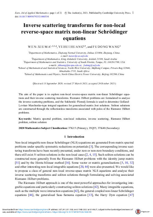 (PDF) Inverse scattering transforms for non-local reverse-space matrix non-linear Schrödinger ...