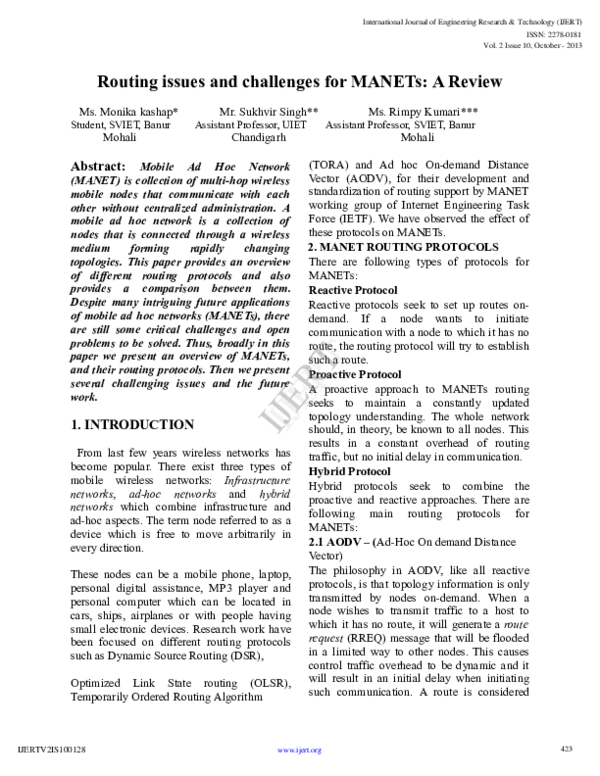Pdf Routing Issues And Challenges For Manets A Review