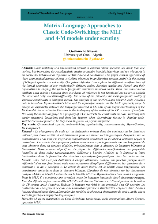 (PDF) Matrix-Language Approaches to Classic Code-Switching: the MLF and ...
