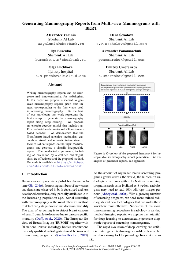(PDF) Generating Mammography Reports from Multi-view Mammograms with BERT
