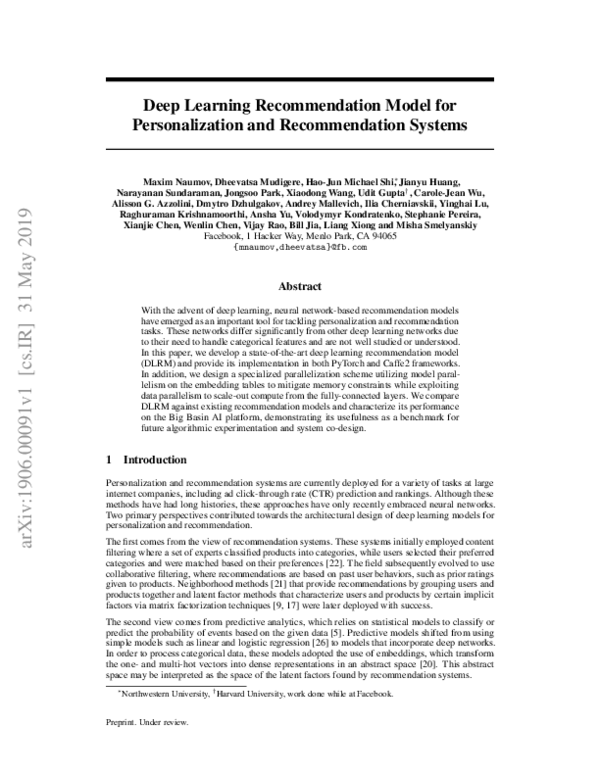 (PDF) Deep Learning Recommendation Model for Personalization and Recommendation Systems