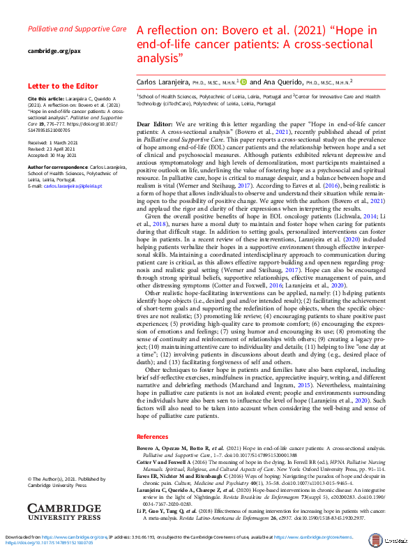 (PDF) A reflection on: Bovero et al. (2021) “Hope in end-of-life cancer ...