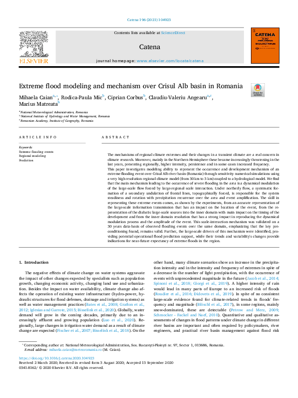 (PDF) Extreme flood modeling and mechanism over Crisul Alb basin in Romania