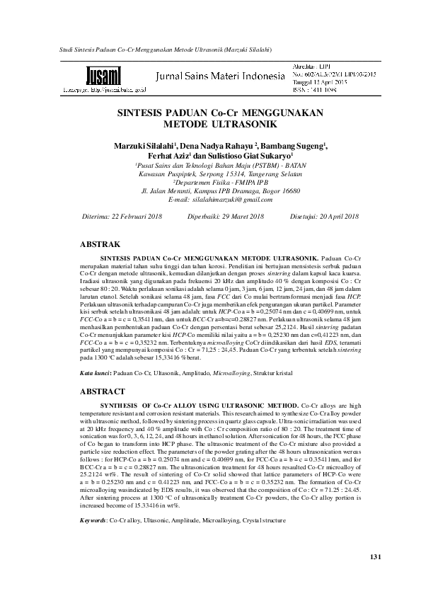 (PDF) SINTESIS PADUAN Co-Cr MENGGUNAKAN METODE ULTRASONIK
