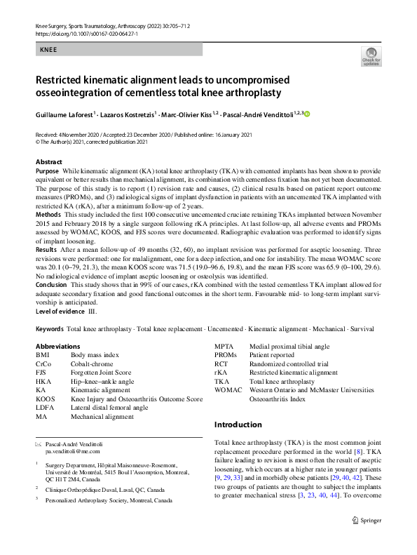 (PDF) Restricted kinematic alignment leads to uncompromised osseointegration of cementless total ...