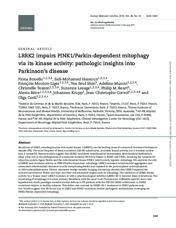 (PDF) LRRK2 impairs PINK1/Parkin-dependent mitophagy via its kinase activity: pathologic ...