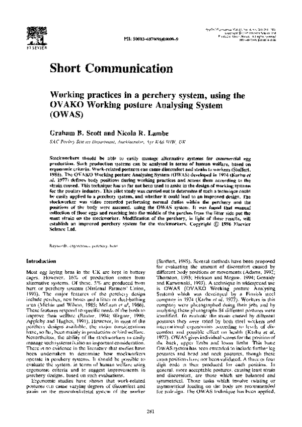 Pdf Working Practices In A Perchery System Using The Ovako Working Posture Analysing System