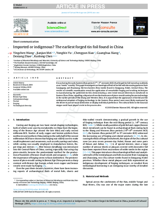 (PDF) Imported or indigenous? The earliest forged tin foil found in China