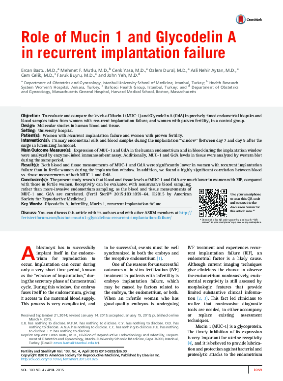 (PDF) Role of Mucin 1 and Glycodelin A in recurrent implantation failure