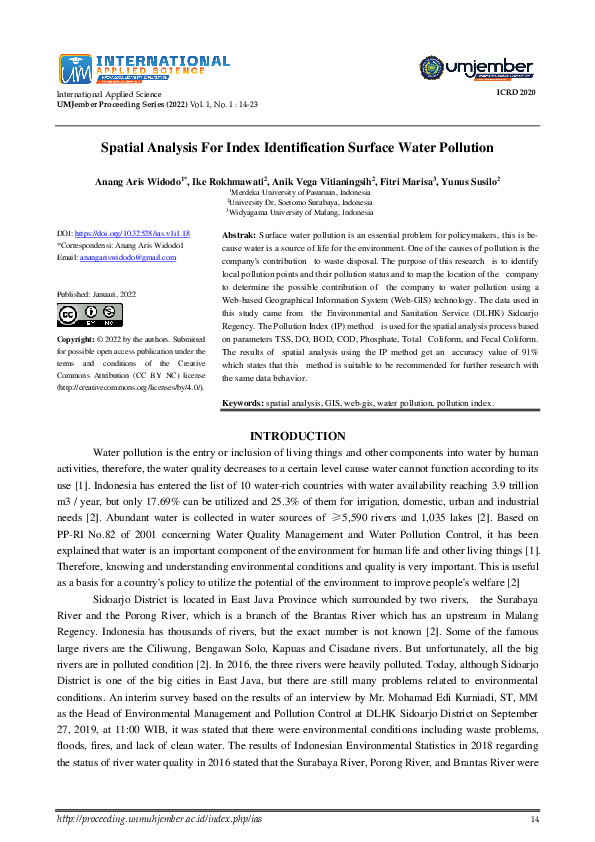 (PDF) Spatial Analysis For Index Identification Surface Water Pollution ... (PDF) Spatial Analysis For Index Identification Surface Water Pollution ...