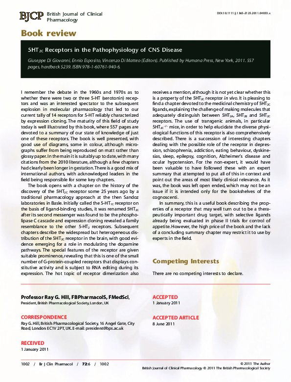 (PDF) 5HT 2C Receptors in the Pathophysiology of CNS Disease | Raymond ...