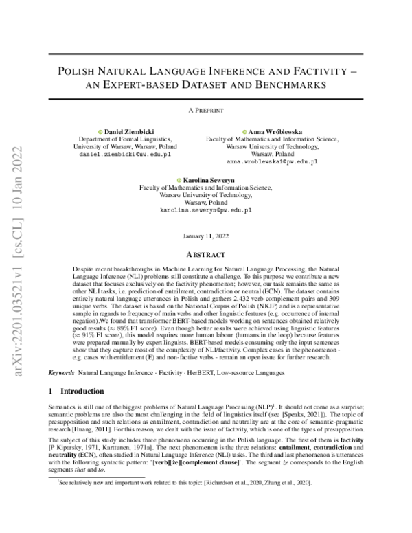 (PDF) Polish Natural Language Inference and Factivity -- an Expert ...