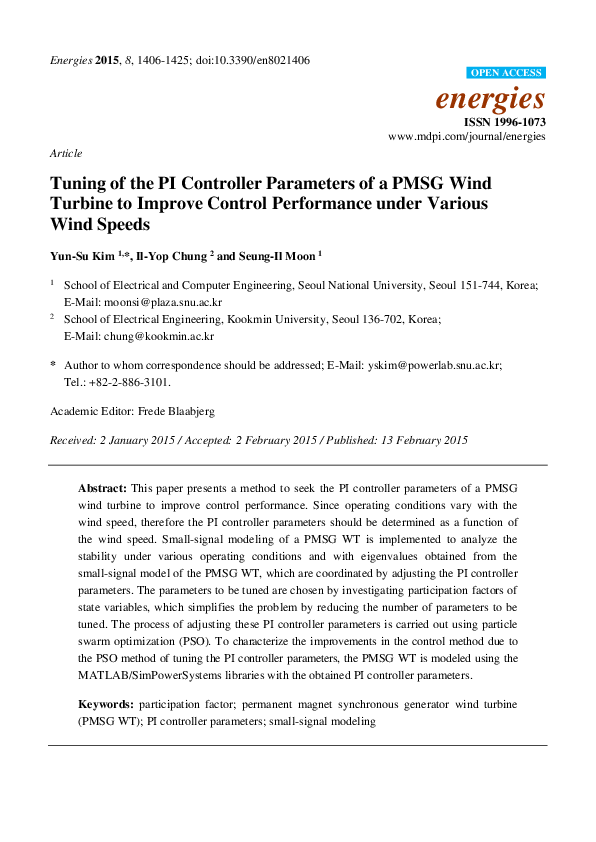 (PDF) Tuning of the PI Controller Parameters of a PMSG Wind Turbine to Improve Control ...