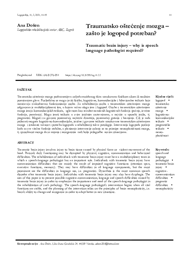 (PDF) Traumatsko oštećenje mozga – zašto je logoped potreban?