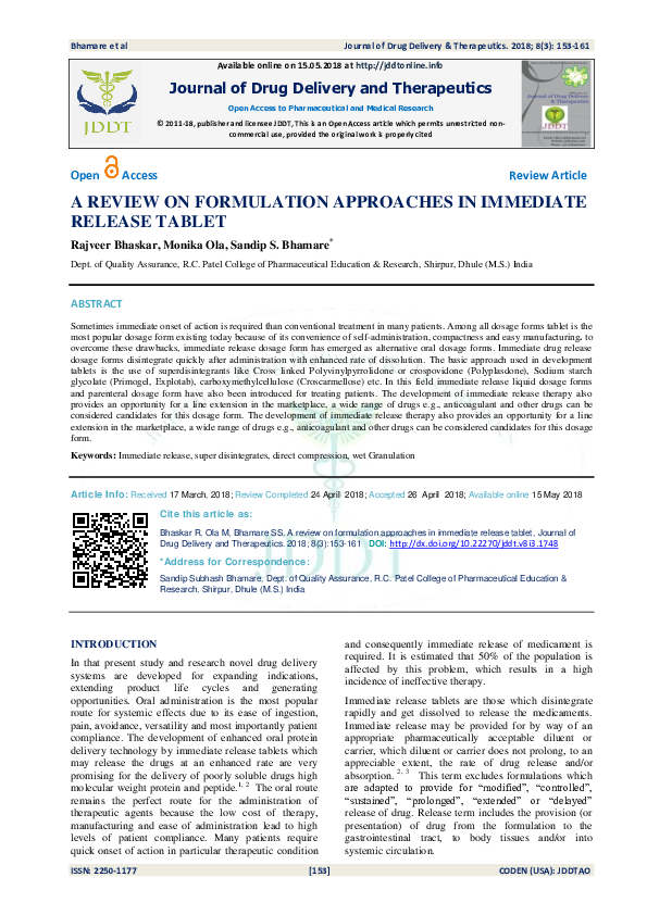 (PDF) A Review on Formulation Approaches in Immediate Release Tablet