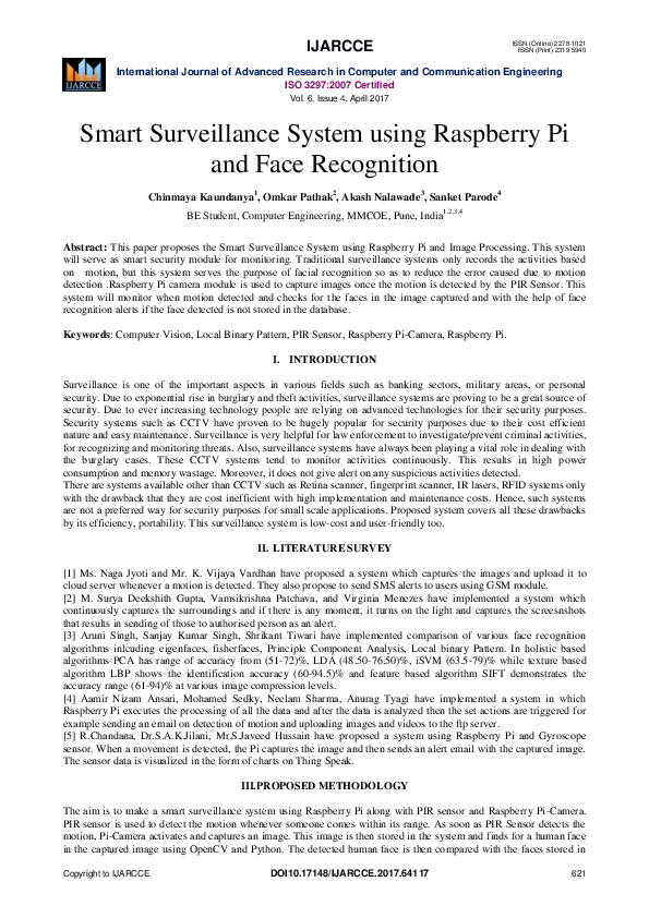 Pdf Smart Surveillance System Using Raspberry Pi And Face Recognition