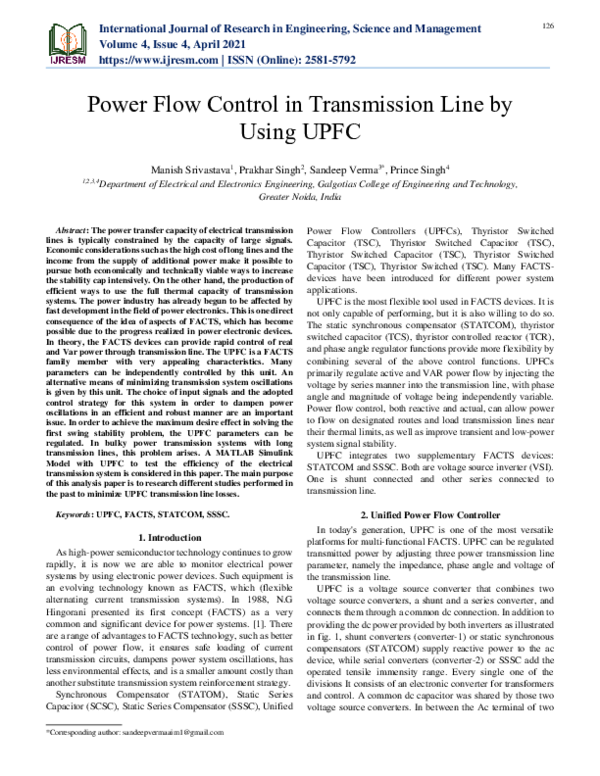 (PDF) Power Flow Control in Transmission Line by Using UPFC