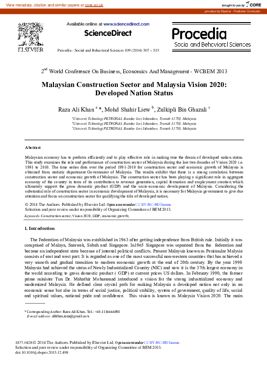 (PDF) Malaysian Construction Sector and Malaysia Vision 2020: Developed Nation Status | Raza A ...